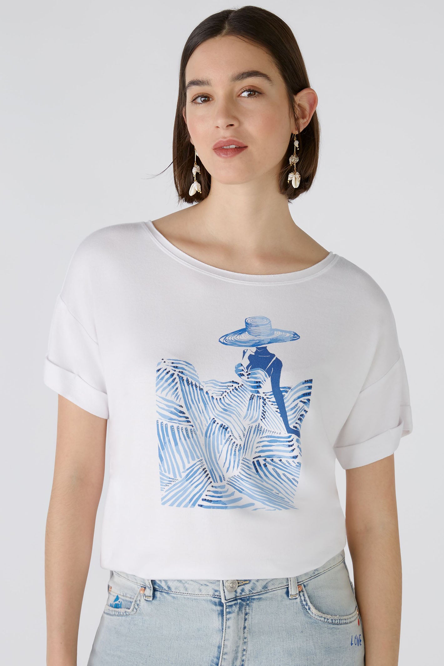 Oui 87384 Optic White Blue Fashionista Motif T-Shirt – Olivia Grace Fashion