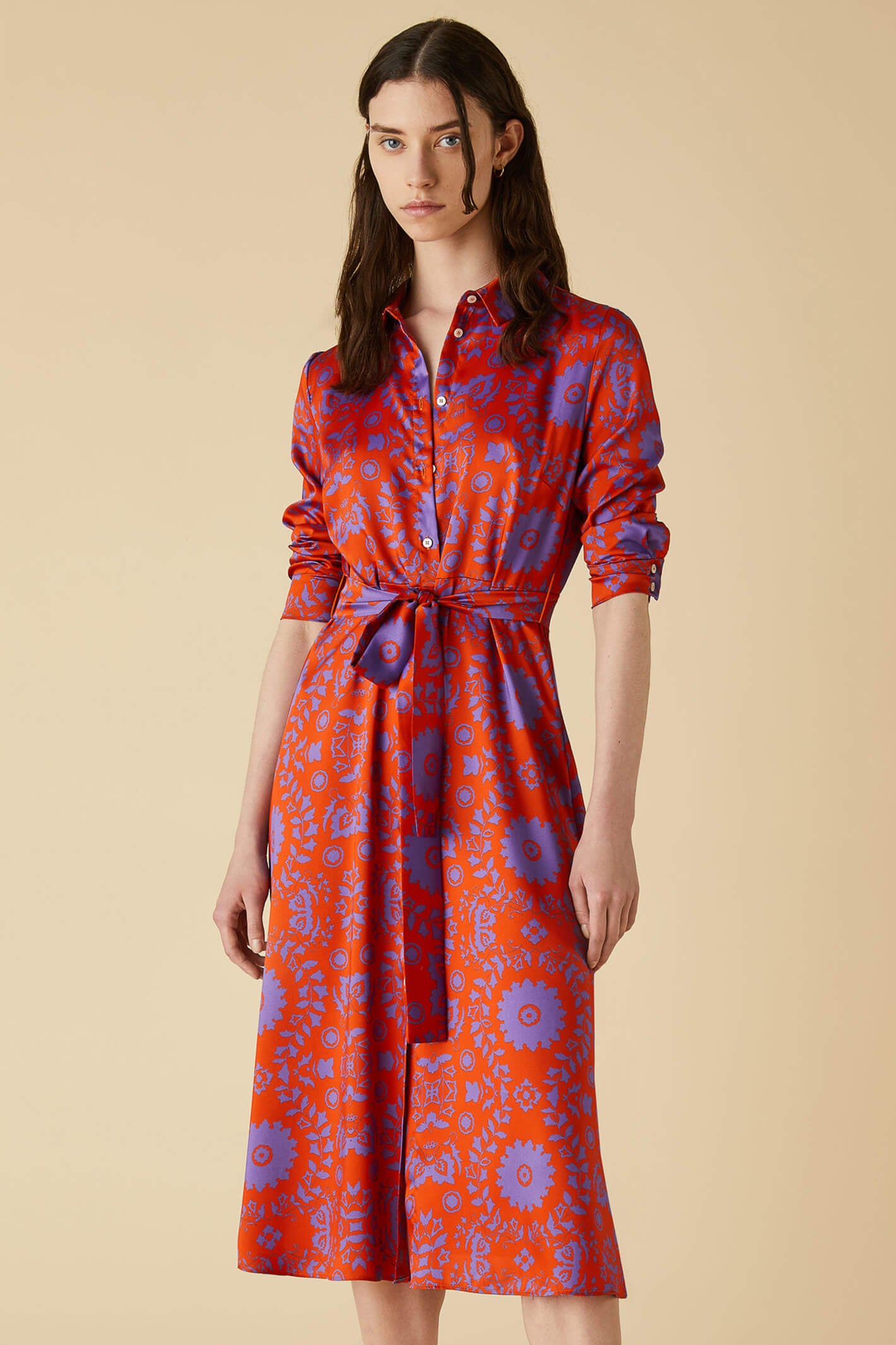 Emme Frizzo 2352261839200 Geranium Red Print Midi Shirt Dress – Olivia ...
