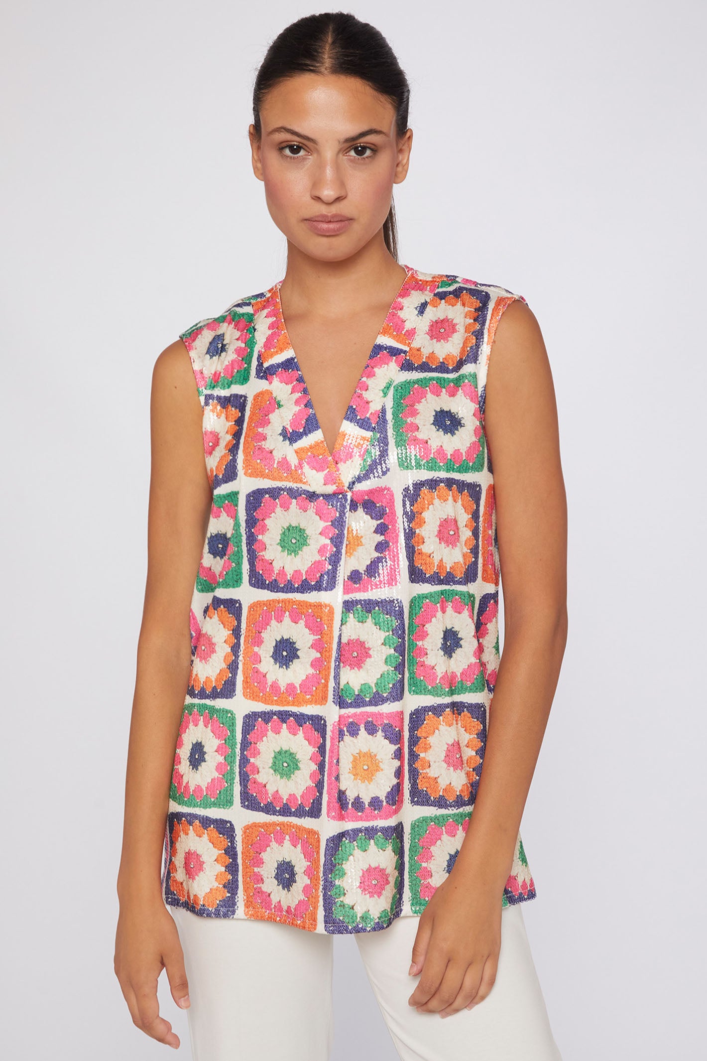 Vilagallo 31286 Cream Multicolour Sequin Sleeveless Crochet Look Top ...