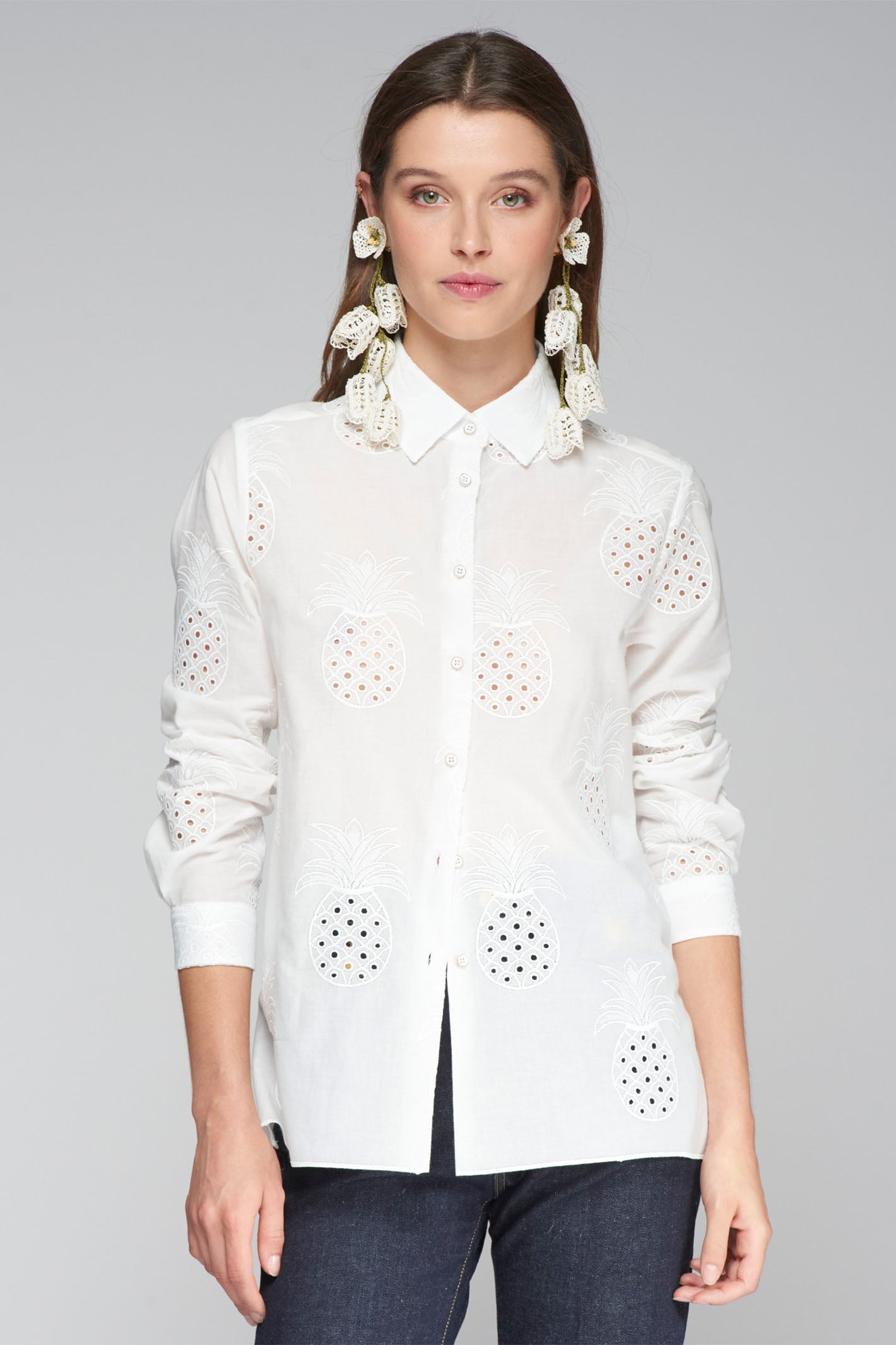Vilagallo Shirt Pineapple Embroidery White 32434 – Olivia Grace Fashion